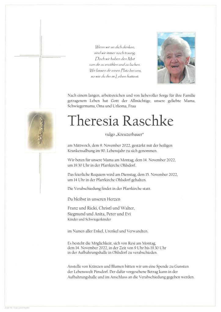 Raschke Theresia – Bestattung Baumann